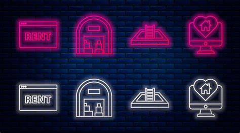설정 라인 창고 사다리와 수영장 텍스트 온라인 임대 및 심장 모양의 집 모니터 매달려 기호 벽돌 벽에 빛나는 네온 아이콘입니다 벡터 라인아트에 대한 스톡 벡터 아트 및 기타