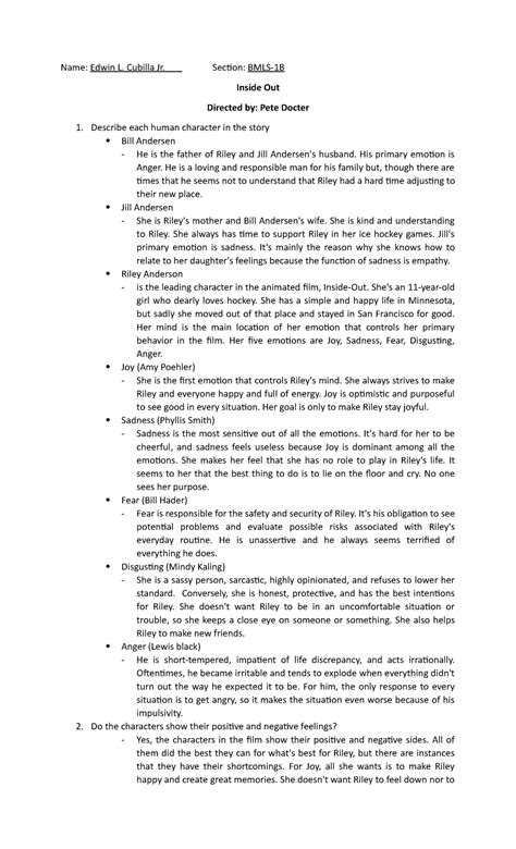 Inside Out Movie Summary Name Edwin L Cubilla Jr Section BMLS 1B Inside Out Directed By