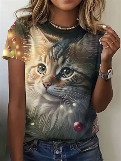 Cute Cat Print Tee Casual Short Sleeve Crew Neck T Temu