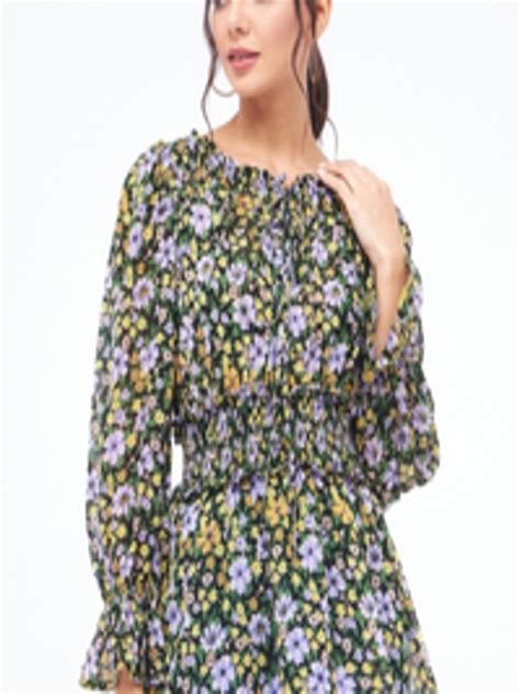 Buy Kibo Black Floral Printed Tie Up Neck Puff Sleeves Georgette