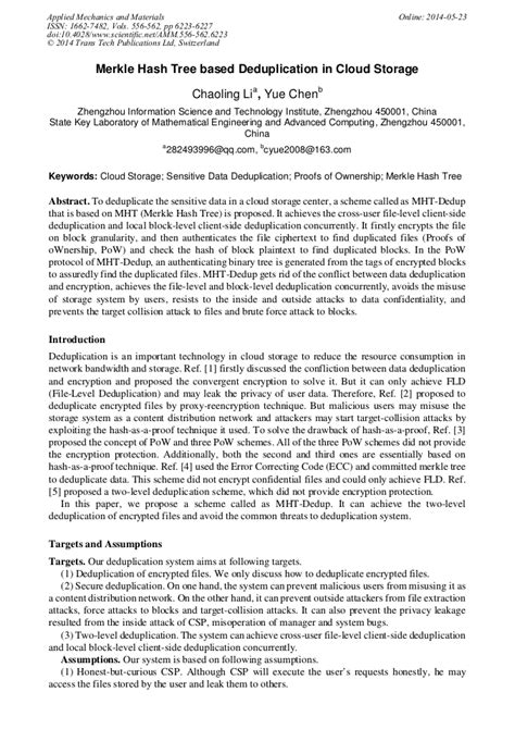 Merkle Hash Tree Based Deduplication In Cloud Storage Scientific Net