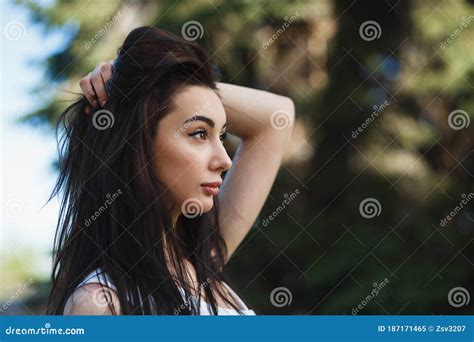 Closeup Caucasian Woman Side Face Portrait Outdoors Brunette With