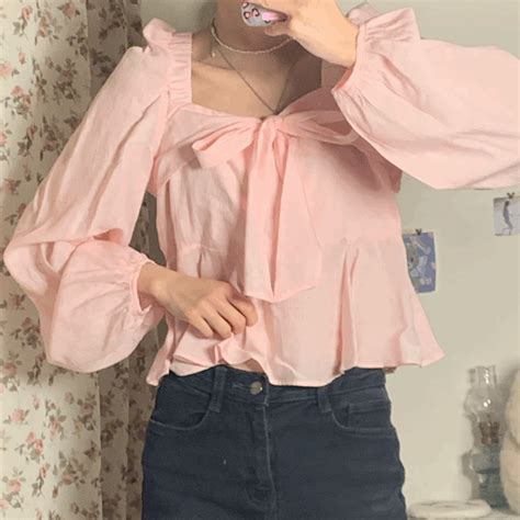 와이비비 러블리 ღ 펨므 타이 리본 벌룬 퍼프 오프숄더 프릴 크롭 Bl