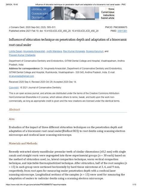 Influence Of Obturation Technique On Penetration Depth And Adaptation Pdf Mouth Tooth