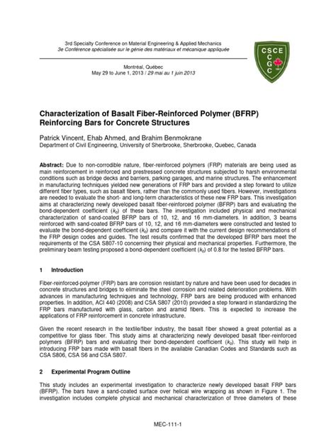 Characterization Of Basalt Fiber Reinforced Polymer Bfrp Reinforcing Bars For Concrete