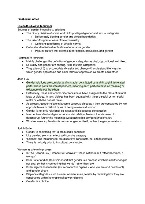 Final Exam Notes Final Exam Notes Queer Third Wave Feminism Sources Of Gender Inequality