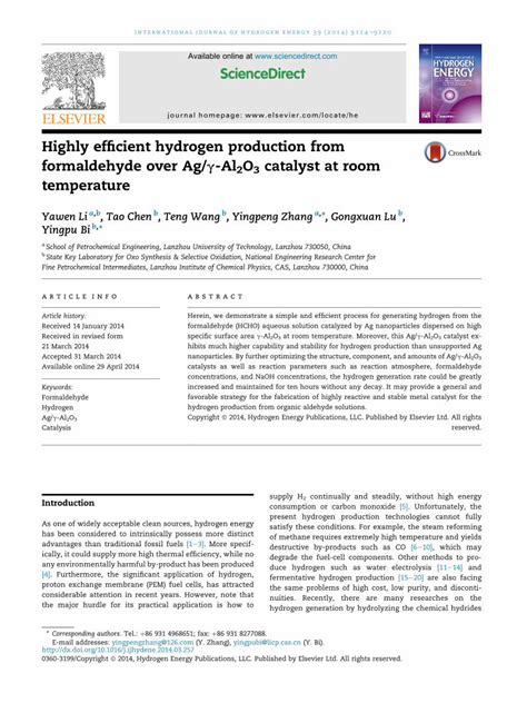 Pdf Highly Efficient Hydrogen Production From Formaldehyde Over Agγ Al2o3 Catalyst At Room