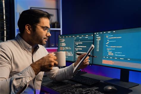 Premium Photo It Working With Drinking Coffee Coding On Pc Screen