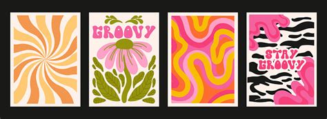 90년대 그루비 포스터 만화 사이키델릭 스타일 밝은 히피 캐릭터와 복고풍 요소 산 태양 광선 꽃 여행 파도가있는 여행 풍경 벡터