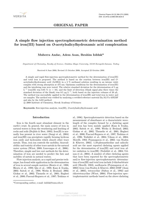 Pdf A Simple Flow Injection Spectrophotometric Determination Method For Ironiii Based On O