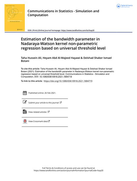 Pdf Estimation Of The Bandwidth Parameter In Nadaraya Watson Kernel Non Parametric Regression