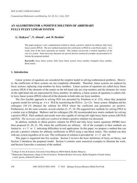 PDF An Algorithm For A Positive Solution Of Arbitrary Fully Fuzzy Linear System