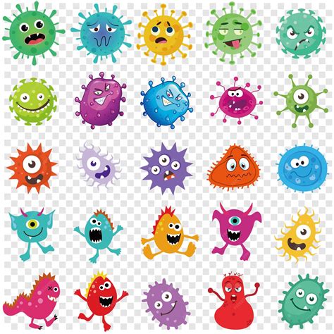 무료 벡터 재미있는 만화 귀여운 바이러스 및 박테리아 세트 프리미엄 벡터