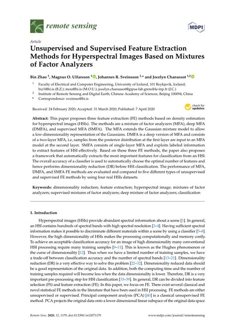 PDF Unsupervised And Supervised Feature Extraction Methods For Hyperspectral Images Based On