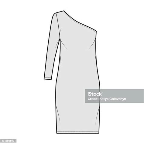 드레스 원 숄더 테크니컬 패션 일러스트와 긴 소매 오버사이즈 바디 무릎 길이 펜슬 스커트 의류 0명에 대한 스톡 벡터 아트 및