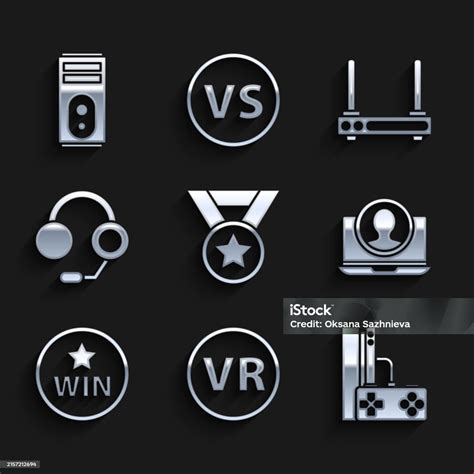 메달 가상 현실 안경 조이스틱이 있는 게임 콘솔 계정 화면 만들기 헤드폰 라우터 및 Wifi 신호 및 컴퓨터 아이콘을 설정합니다 벡터 1에 대한 스톡 벡터 아트 및 기타