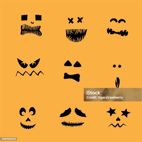 괴물과 생물은 할로윈 휴일을 위한 감정 얼굴을 조각합니다 만화 얼굴 표정이 풍부한 눈과 입 웃는 얼굴 우는 얼굴 표정 캐리커처 낙서 격리된 벡터 가공의 인물에 대한 스톡