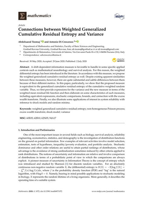 Pdf Connections Between Weighted Generalized Cumulative Residual Entropy And Variance