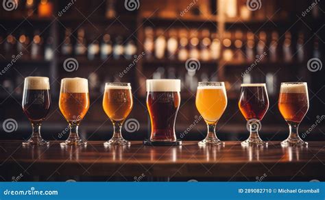 Glasses With Craft Beer On Wooden Bar Closeup Of Seven Glasses Of