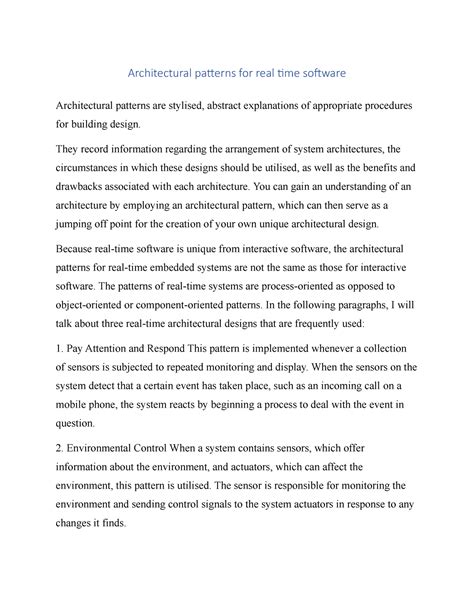 Architectural Patterns For Real Time Software Architectural Patterns For Real Time Software