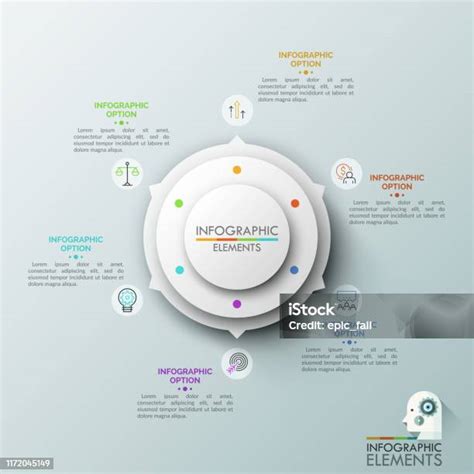 얇은 선 기호와 텍스트 상자를 가리키는 6 개의 화살표가있는 흰색 원형 차트를 종이에 특정 비즈니스 프로세스의 6가지 기능 6에 대한 스톡 벡터 아트 및 기타 이미지