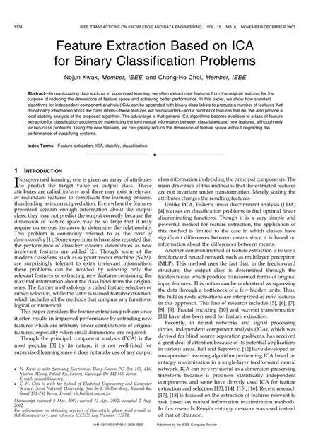 Pdf Feature Extraction Based On Ica For Binary Classification Problems