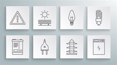 라인 자동차 배터리 태양 에너지 패널 및 태양 전기 플러그 고전압 전봇대 라인 전원 은행 전구 Led 조명 및 느낌표 삼각형