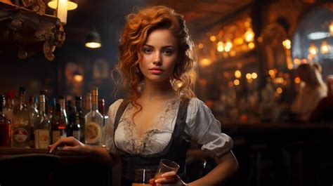 Premium Ai Image Beautiful Girl Bartender Warm Atmosphere