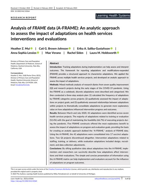 PDF Analysis Of FRAME Data AFRAME An Analytic Approach To Assess The Impact Of Adaptations
