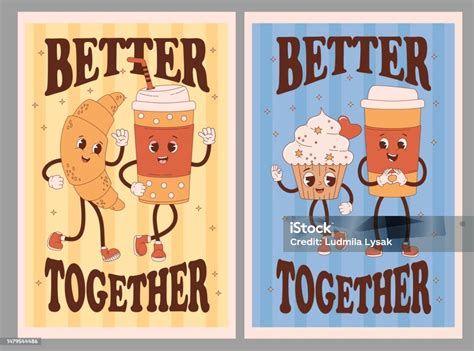 귀여운 커피 테이크 아웃 크로와상 케이크 크림 컵 케이크 만화 재미있는 캐릭터 음료와 음식이 있는 복고풍 포스터 벡터 그림입니다 수직 향수를 불러 일으키는 엽서 멋진 비문