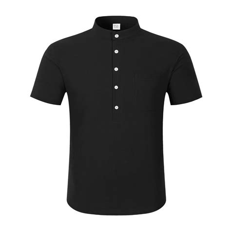 Camisas Elvqul De Hombre Casual Negro Manga Corta Cuello Mao Liso Abotonada Con Bolsillos
