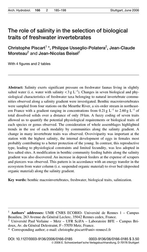 Pdf The Role Of Salinity In The Selection Of Biological Traits Of Freshwater Invertebrates