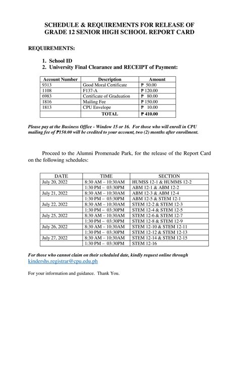 Schedule And Requirements For Release Of Grade 12 Senior High School