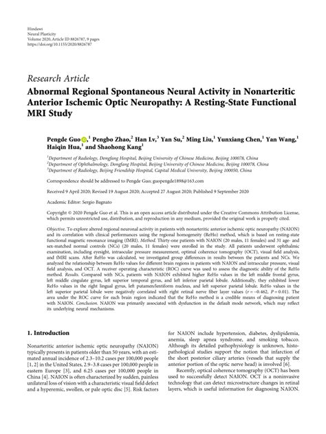 Pdf Abnormal Regional Spontaneous Neural Activity In Nonarteritic Anterior Ischemic Optic