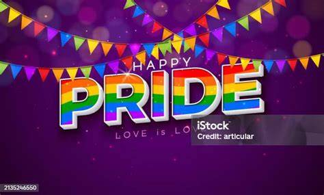 Lgbtq 프라이드의 달 그림 와 무지개 색깔 3d 텍스트 레이블 와 보라색 배경에 다채로운 파티 깃발 사랑은 사랑 인권 또는