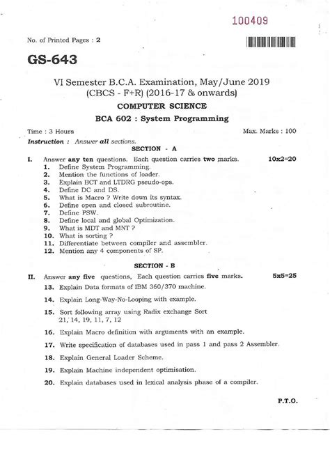 System Programming Question Paper To Prepare For Exam All Bachelor Of Computer Applications