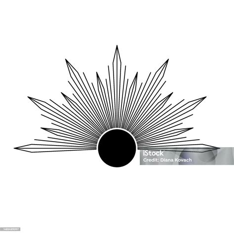 Hand Drawn Mystical Sun In Line Art Sunburst Light Rays Spiritual