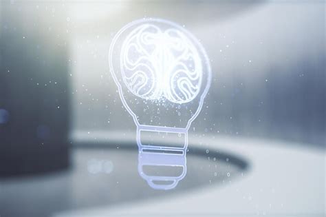 빈 교실 배경 인공 지능 및 신경망 개념 다중 노출에 인간 두뇌 홀로그램이 있는 추상 가상 창의적 전구 프리미엄 사진