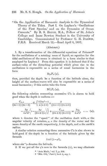 On The Application Of Harmonic Analysis To The Dynamical Theory Of The Tides Part I On Laplace