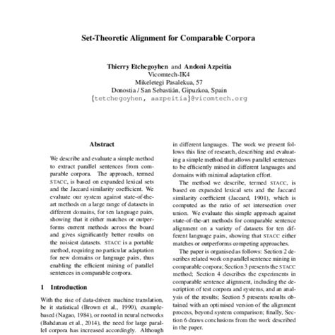 Set Theoretic Alignment For Comparable Corpora Acl Anthology