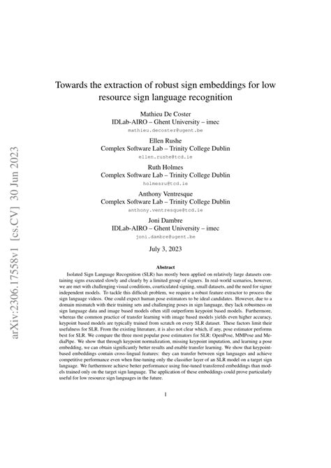 PDF Towards The Extraction Of Robust Sign Embeddings For Low Resource Sign Language Recognition