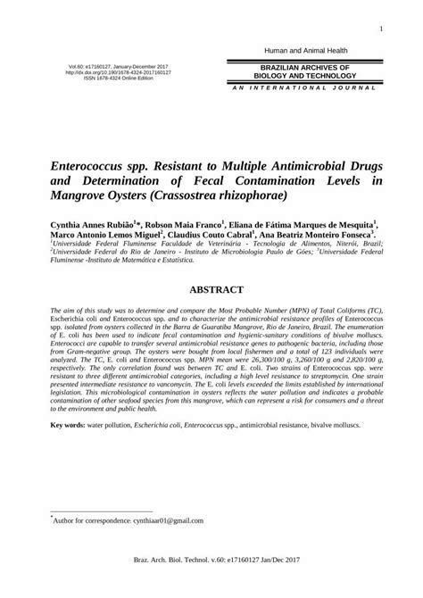 Pdf Enterococcus Spp Resistant To Multiple Antimicrobial 1 L Of