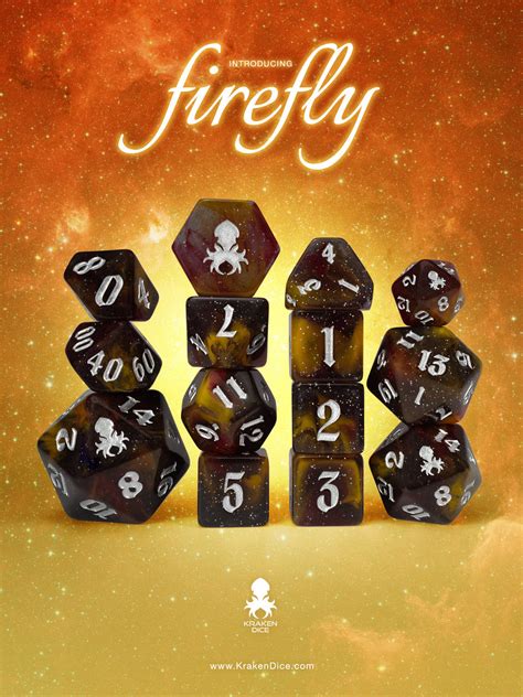 irefly heat reactive 14pc dice set for ttrpgs inked in silver kraken dice