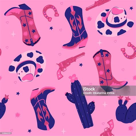 카우보이 부츠 모자 선인장 권총으로 매끄러운 패턴 벡터 그래픽입니다 귀여운에 대한 스톡 벡터 아트 및 기타 이미지 귀여운
