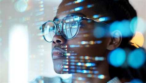 programming ai code and woman with focus hologram and digital software