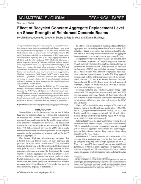 Pdf Effect Of Recycled Concrete Aggregate Replacement Level On Shear Strength Of Reinforced
