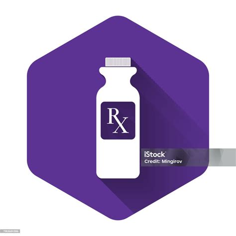 Rx 기호와 긴 그림자로 격리 된 알 약 아이콘 흰색 알 약 병 약국 디자인 Rx는 약품 병에 처방전 기호로 보라색 육각 버튼 벡터 일러스트레이션 0명에 대한 스톡 벡터