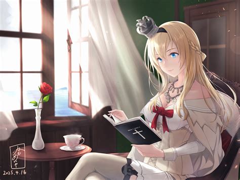 Kamo Mayor Warspite Kancolle Kantai Collection Highres Girl Blonde Hair Blue Eyes Book