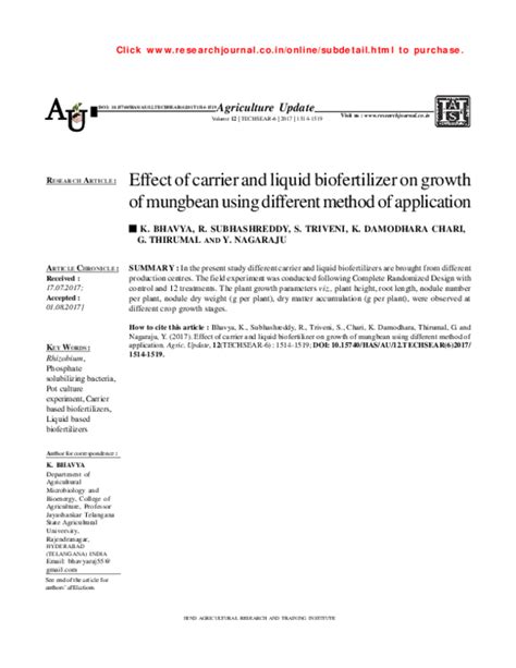 Pdf Effect Of Carrier And Liquid Biofertilizer On Growth Of Mungbean Using Different Method Of