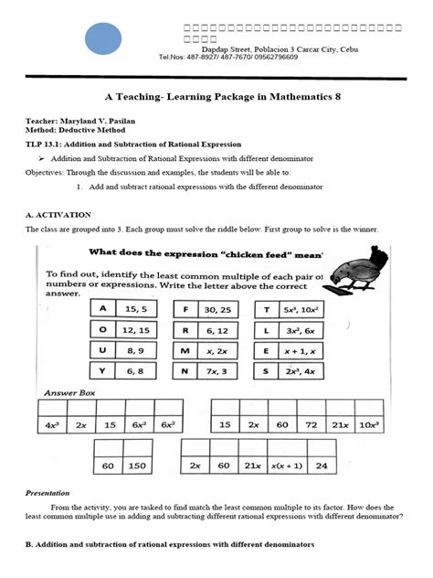 Tlp 131 Addition And Subtraction Of Rational Expressions With Different Denominator Pdf